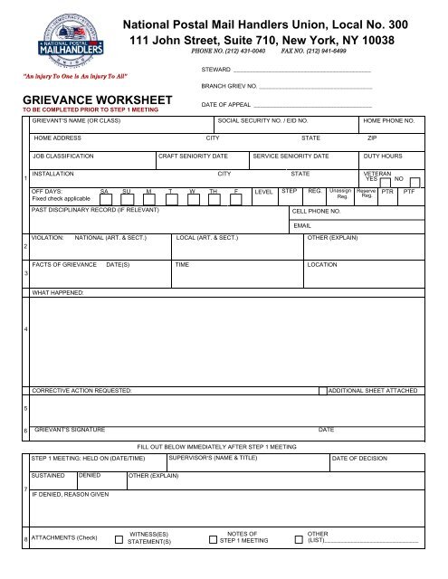 Grievance Worksheet - Local 300 National Postal Mail Handlers Union