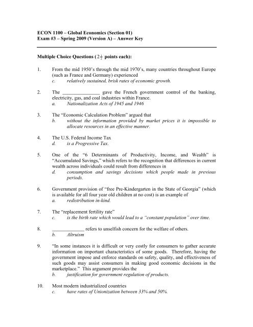 ECON 1100 – Global Economics (Section 01) Exam #3 ... - KsuWeb
