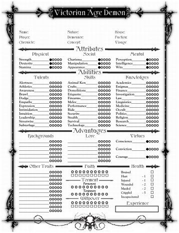 Victorian Age Vampire 4 Page Interactive Sheet