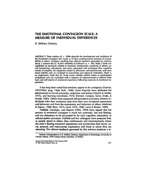 The Emotional Contagion Scale: A Measure of Individual Differences