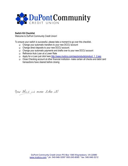 Switch Kit Checklist Welcome to DuPont Community Credit Union ...