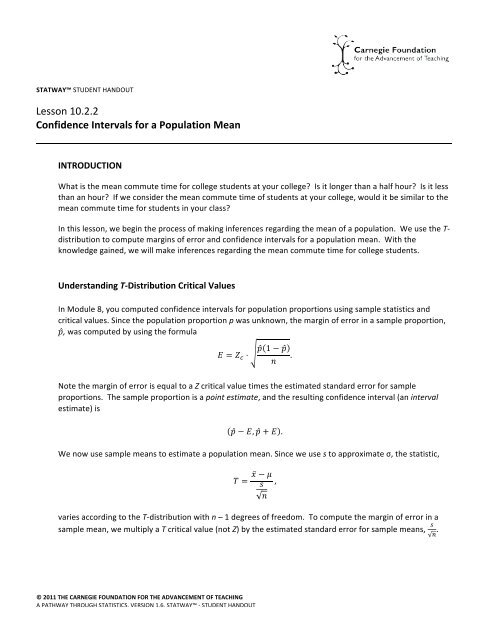 Lesson 10.2.2 Confidence Intervals for a Population Mean - Faculty ...