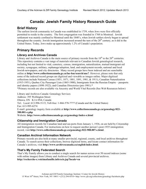 Canada: Jewish Family History Research Guide - Center for Jewish ...