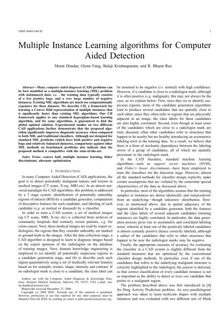 Multiple Instance Learning algorithms for ... - Dr. Murat Dundar