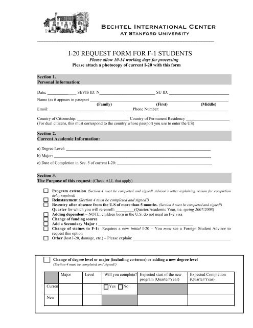 I-20 Request Form - Bechtel International Center - Stanford University