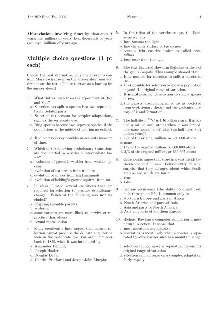 Multiple choice questions (1 pt each)