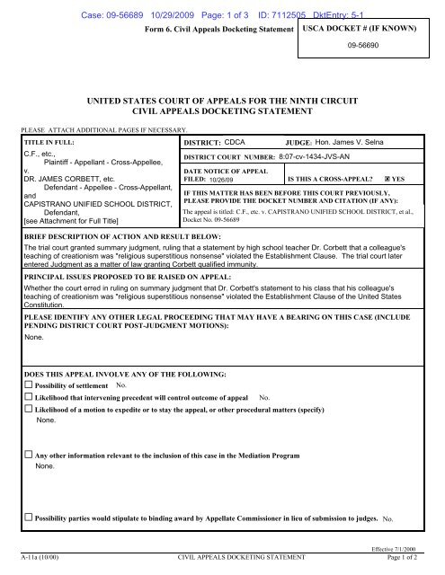 Defendant's Cross Appeal Docketing Statement to 9th Circuit