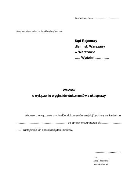 wniosek o wylaczenie oryginalow dokumentow z akt sprawy
