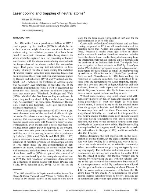 Laser cooling and trapping of neutral atoms* - Physical Review Letters