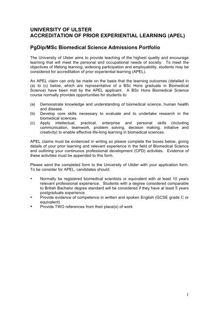 (APEL) PgDip/MSc Biomedical Science Admissions Portfolio