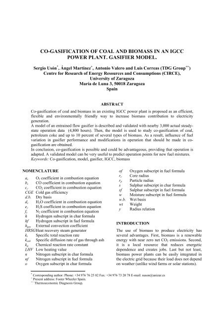 Application of a gasifier model to the theoretical study of co ... - circe