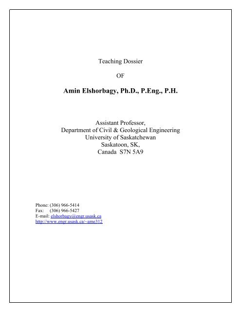 Teaching Dossier - Homepage Usask - University of Saskatchewan