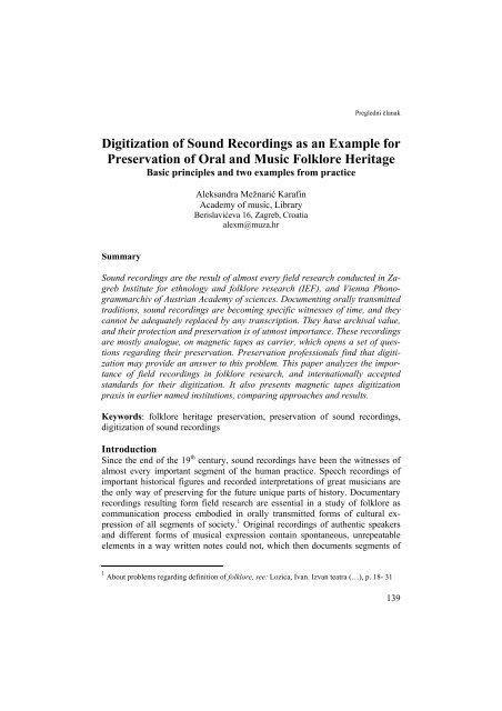 Digitization of Sound Recordings as an Example ... - Filozofski fakultet