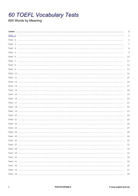 TOEFL Vocabulary Tests (Word by Meaning) - English-Test.net