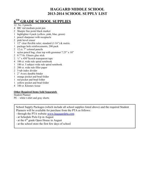 HAGGARD MIDDLE SCHOOL 2007-2008 SUPPLY LIST