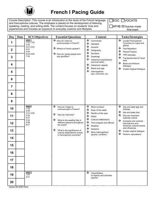French I Pacing Guide - Nexuslearning.net