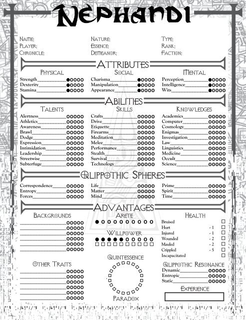 Nephandi 2 Page Interactive Sheet