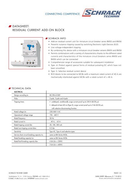 W DATASHEET: RESIDUAL CURRENT ADD-ON BLOCK - Schrack
