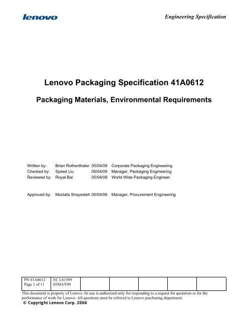 Lenovo Packaging Specification 41A0612