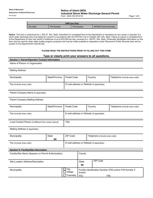 Notice of Intent: Industrial Storm Water Discharge General Permit
