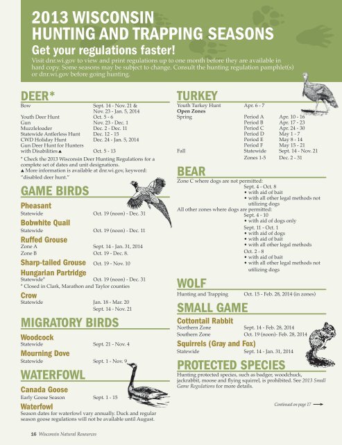 2013 WISCONSIN HUNTING AND TRAPPING SEASONS