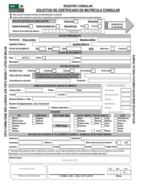 solicitud de certificado de matrícula consular - Secretaría de ...