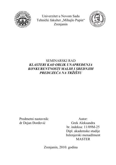 Zrenjanin SEMINARSKI RAD KLASTERI KAO OBLIK ...
