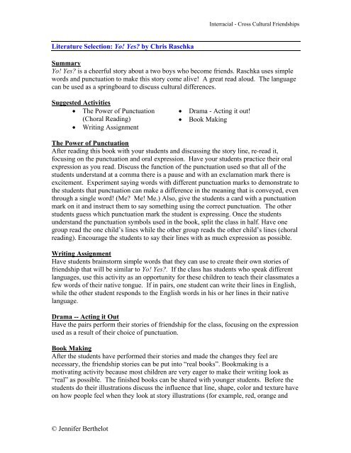 Literature Selection: Yo! Yes? by Chris Raschka Summary Yo! Yes ...