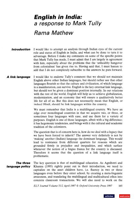 English in India: a response to Mark Tully Rama Mathew