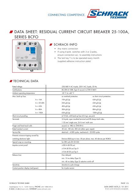 w data sheet: residual current circuit breaker 25-100a ... - Schrack