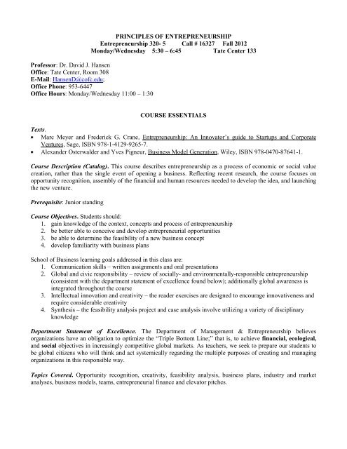 Principles of Entrepreneurship Syllabus - School of Business
