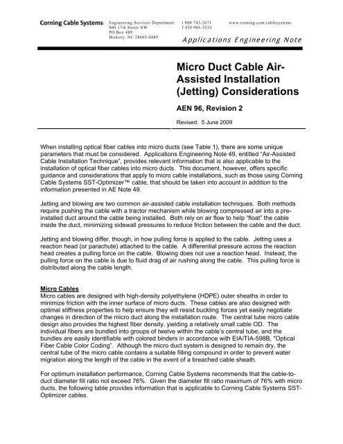 Micro Duct Cable Air- Assisted Installation (Jetting) Considerations