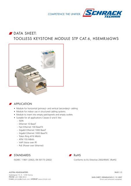 w data sheet: toolless keystone module stp cat.6 ... - Schrack