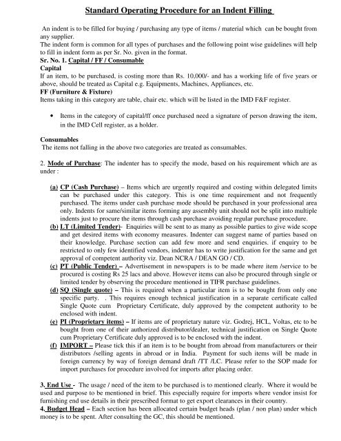 Standard Operating Procedure for an Indent Filling - GMRT