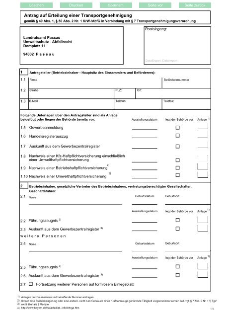 Antrag auf Erteilung einer Transportgenehmigung