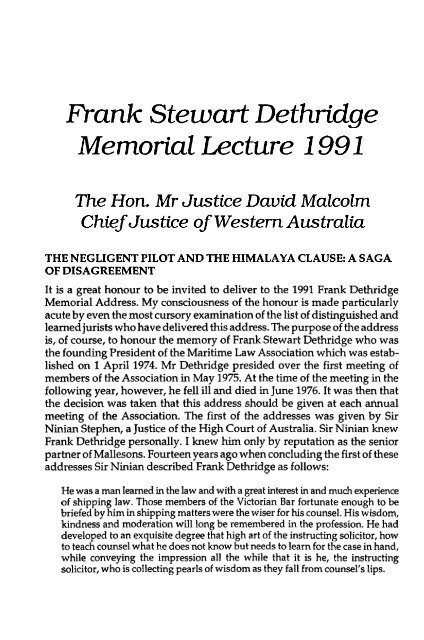Frank Stewart Dethridge Memorial Lecture 1991