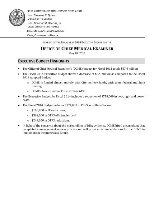 OFFICE OF CHIEF MEDICAL EXAMINER - New York City Council