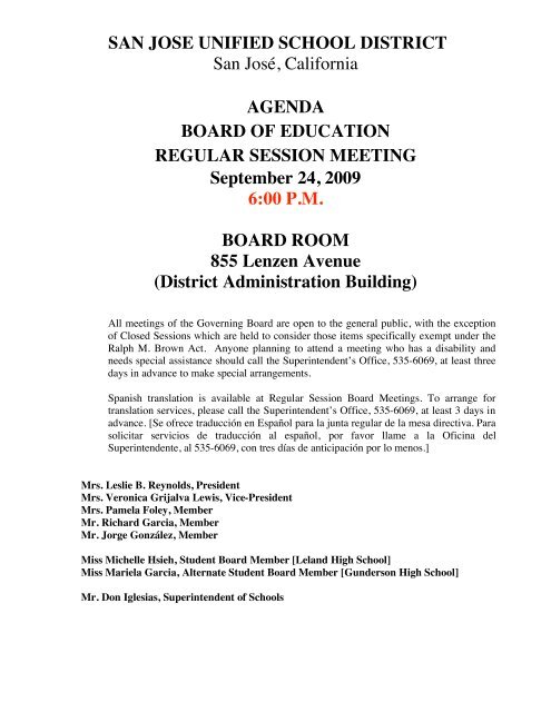 SAN JOSE UNIFIED SCHOOL DISTRICT San José, California ...