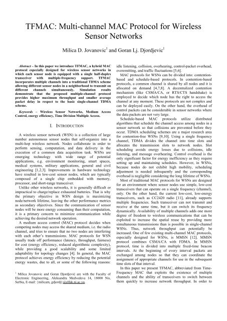 TFMAC: Multi-channel MAC Protocol for Wireless Sensor Networks