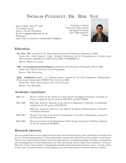 CV: Nicolas Pugeault, Dr. Rer. Nat. - University of Surrey