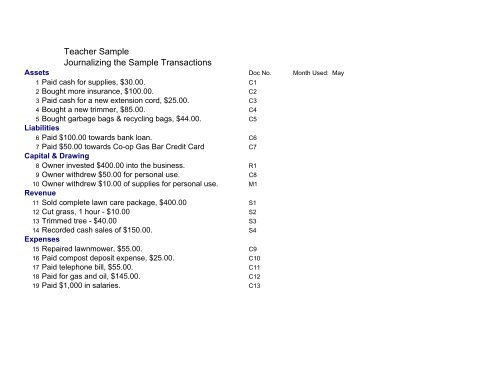 Teacher Sample Journalizing the Sample Transactions