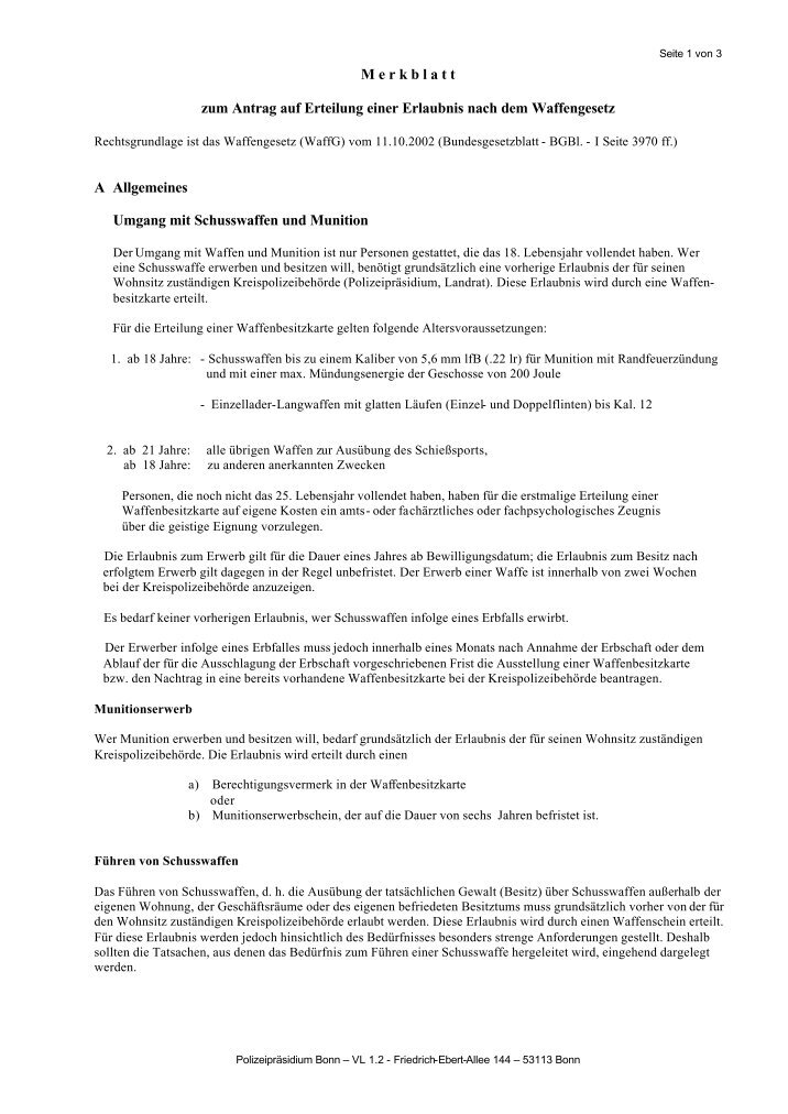 Antrag Erteilung Erlaubnis nach Waffengesetz