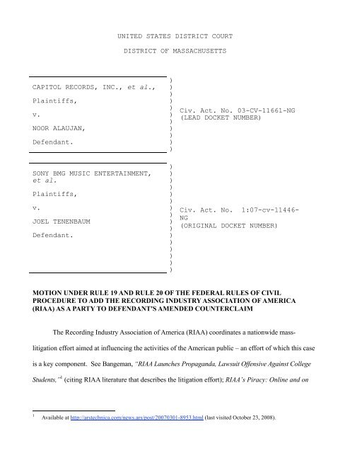 Rule 19 and 20 Motion