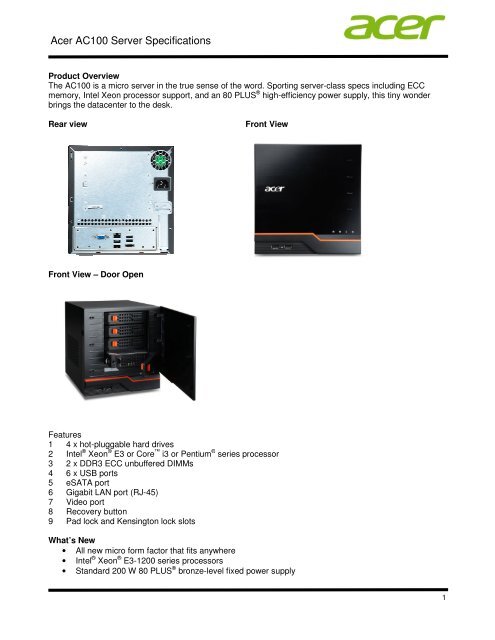 Acer AC100 Server Specifications