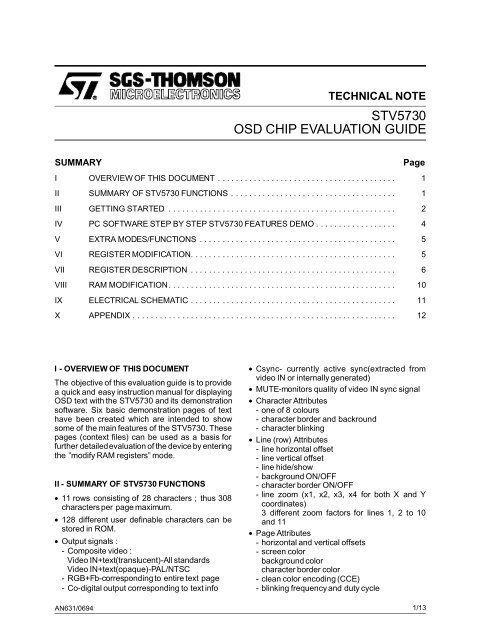 Stv5730 Osd Chip Quick Evaluation Guide Pi6tv