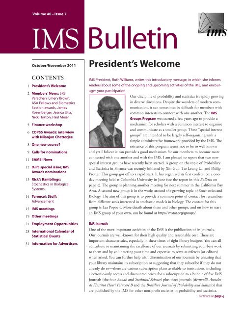 President's Welcome - IMS Bulletin - Institute of Mathematical Statistics