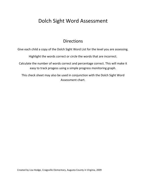 Dolch Sight Word Assessment