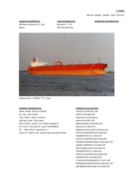 IMO No: 9183283 TANKER 2000 / 79770 GT OWNER & HOMPEPORT