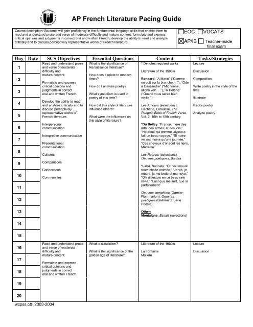 AP French Literature Pacing Guide - Nexuslearning.net