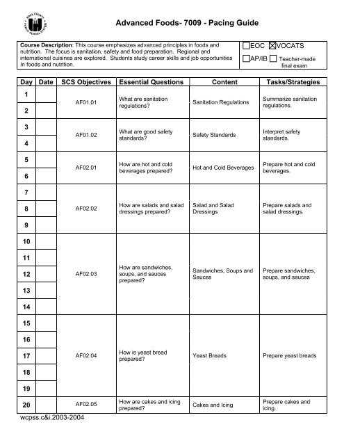 Advanced Foods- 7009 - Pacing Guide - Nexuslearning.net